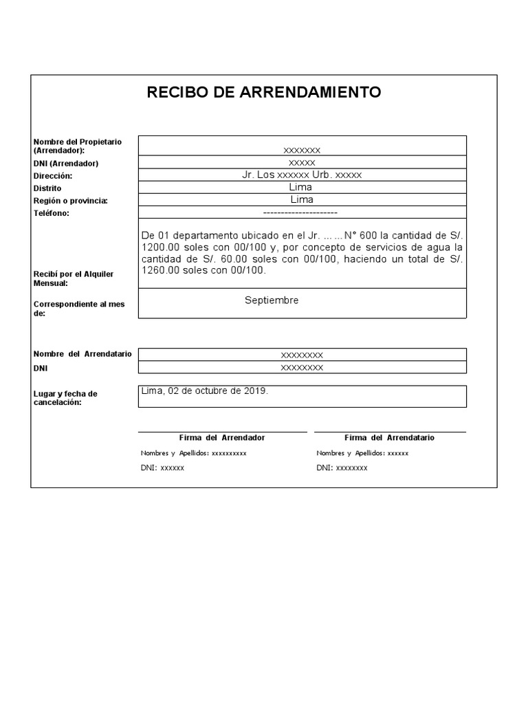 Formato - Recibo Por Arrendamiento | PDF | Alquiler | Urbano