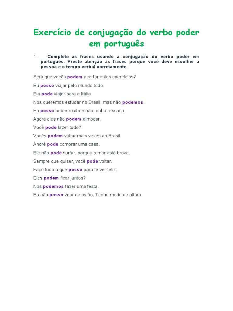 Conjugação do verbo poder em português com diferentes pessoas e tempos ...