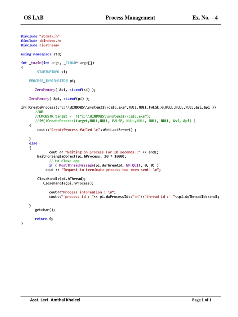 Os Lab Process Management Ex. No. - 4: "Stdafx.h" | PDF