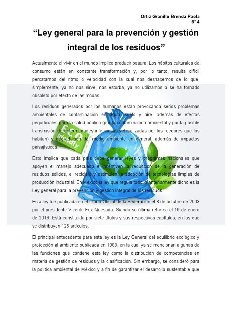 Ley General para La Prevención y Gestión Integral de Los Residuos | PDF | Gestión de residuos ...