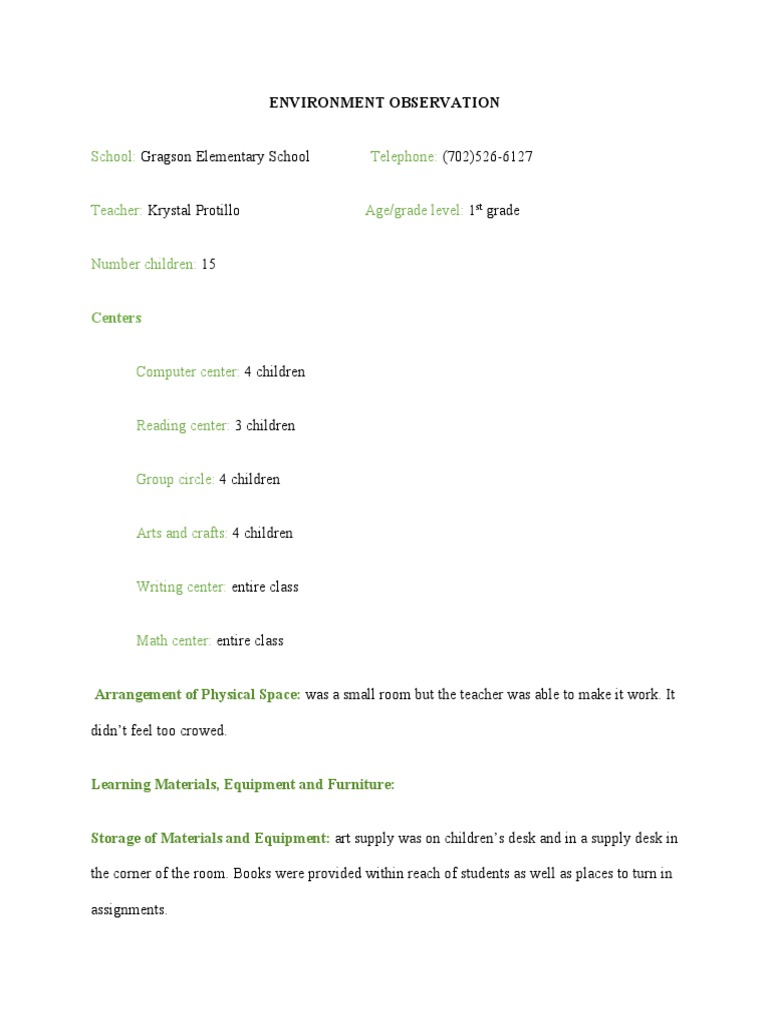 Environment Observation | PDF | Classroom | Pedagogy