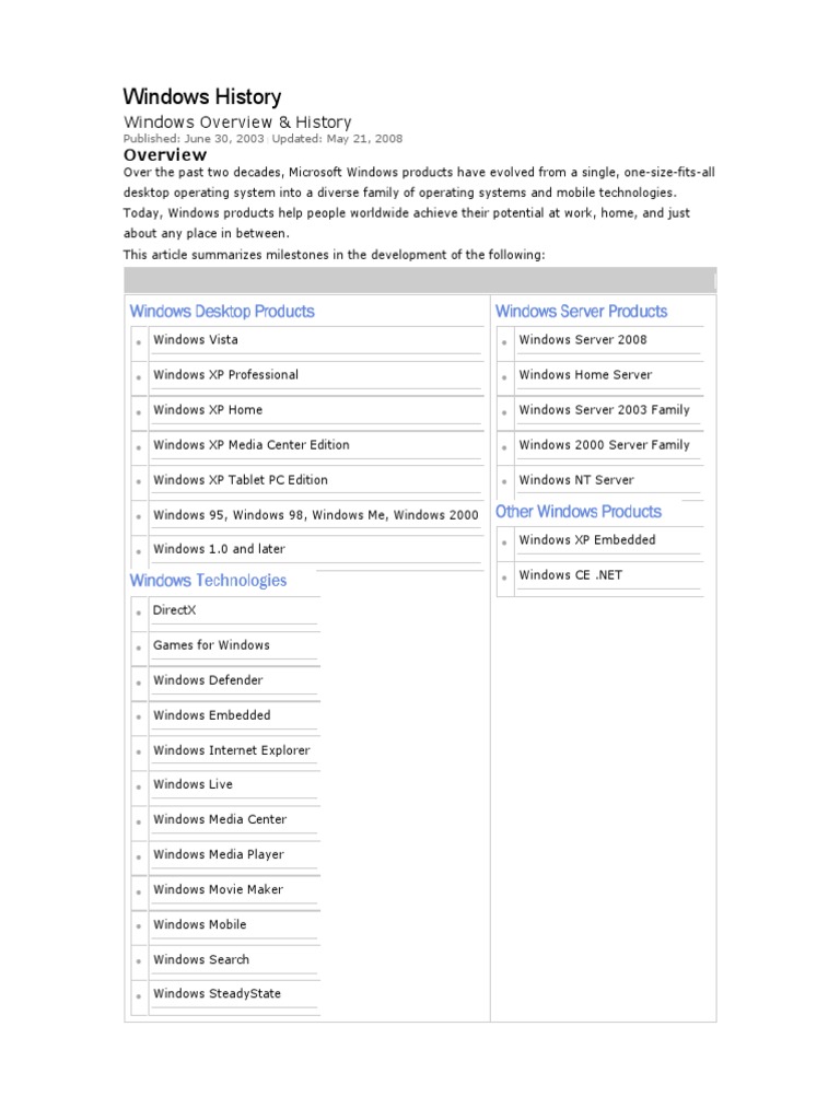 Windows History | PDF | Microsoft Windows | Windows Xp
