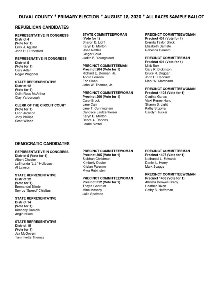 Duval County 2020 Sample Ballot | PDF | Elections | Government