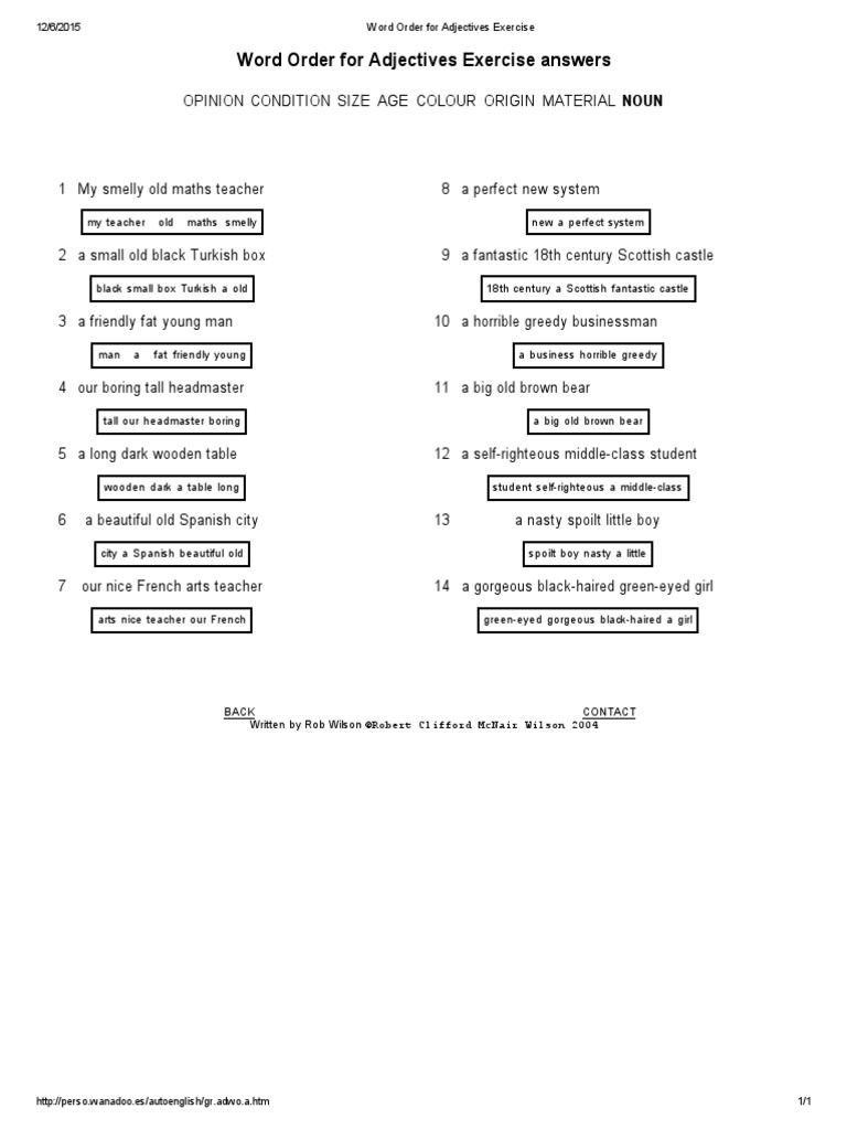 Word Order For Adjectives Exercise PDF | PDF