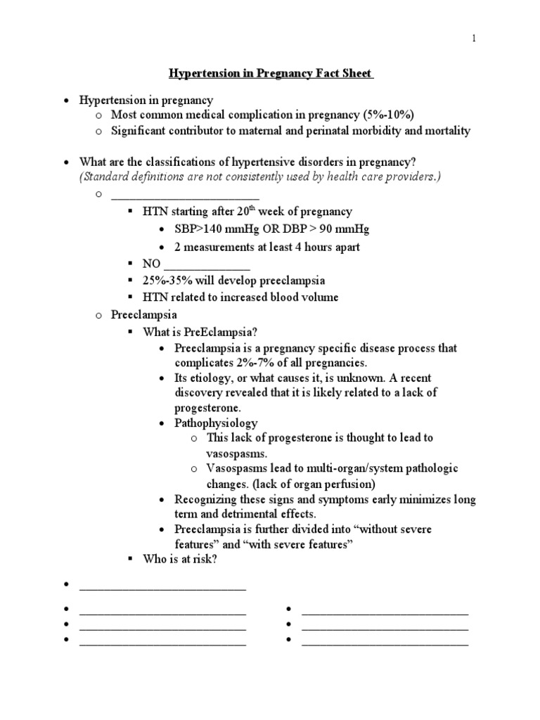 Student Version - Hypertension in Pregnancy Fact Sheet | PDF ...