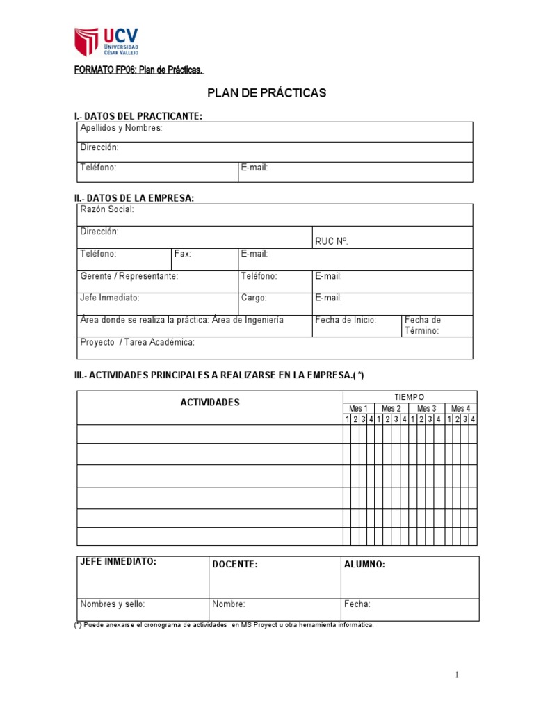 Formato FP06 - Plan de Practicas | PDF