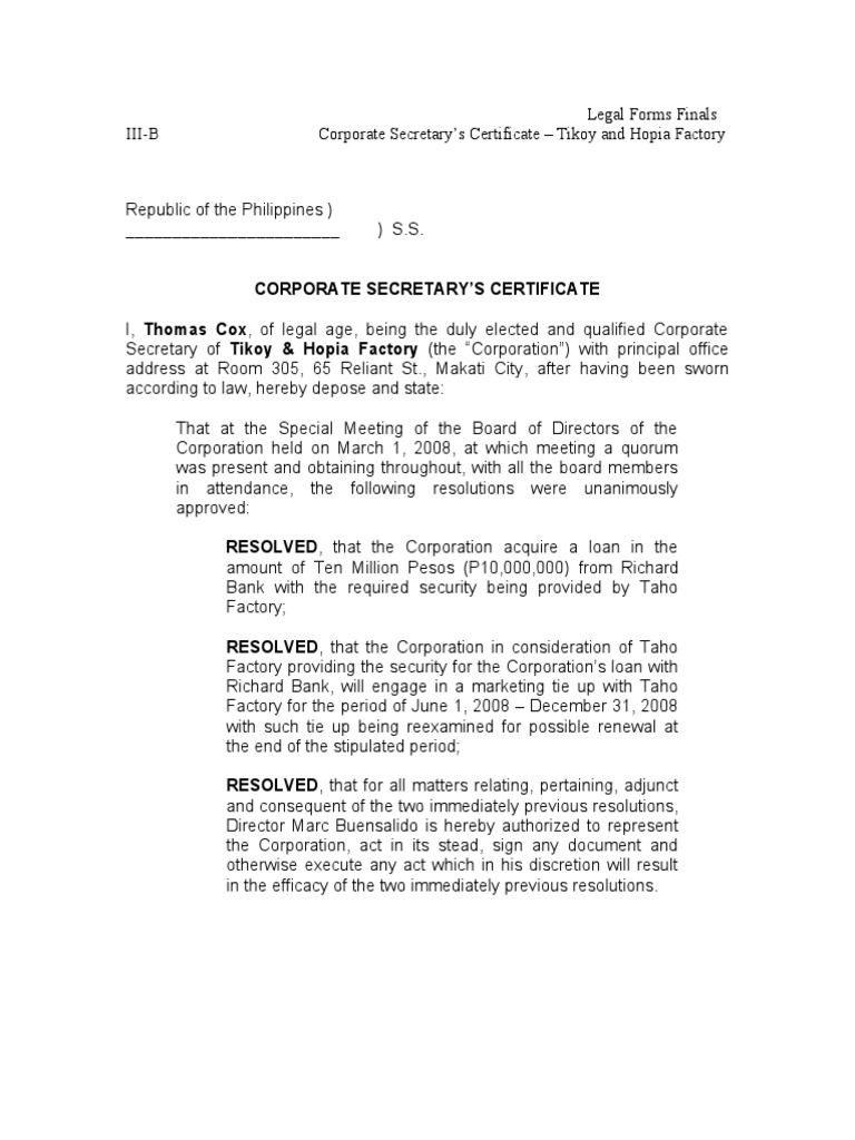 Sample Secretary's Certificate (Philippines) | PDF | Government ...