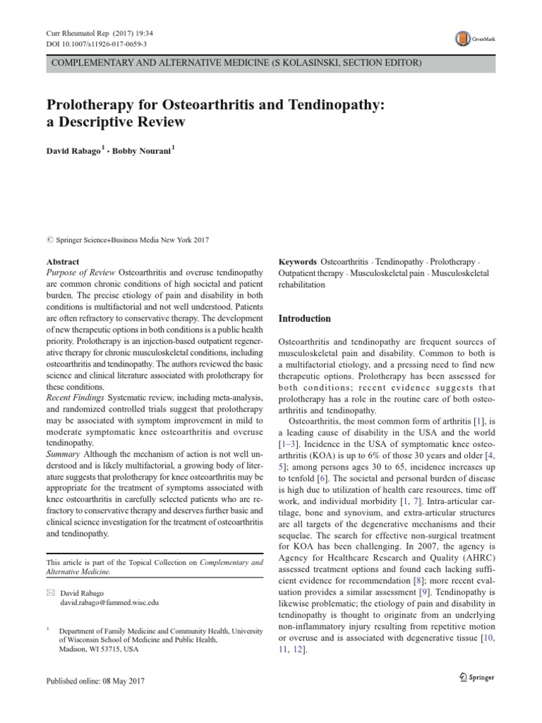 Prolotherapy For Osteoarthritis and Tendinopathy: A Descriptive Review ...