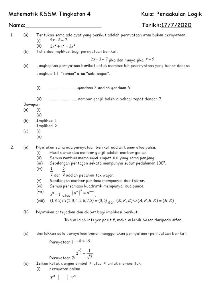 Matematik KSSM Tingkatan 4 Kuiz Penaakulan Logik 20200717 | PDF