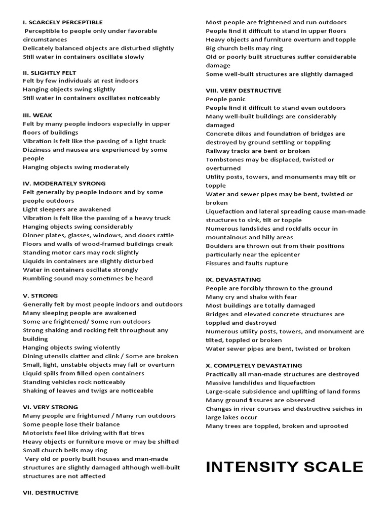 Intensity Scale: I. Scarcely Perceptible | PDF | Earthquakes ...