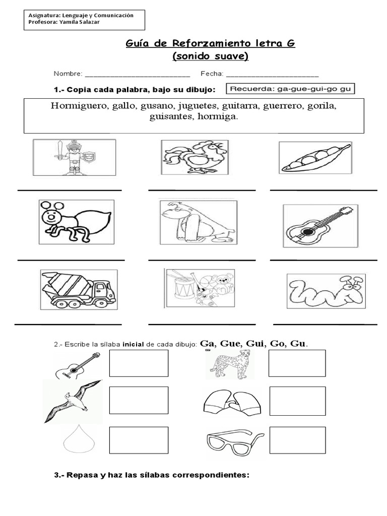 Guia de Reforzamiento Letra G Sonido Suave | PDF