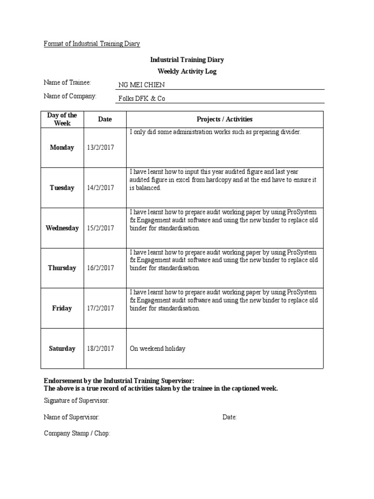 Industrial Training Diary - W2 | PDF