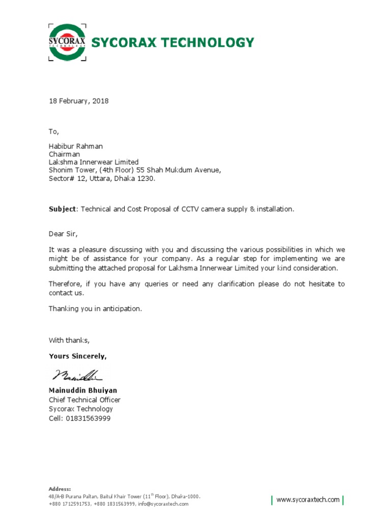 Subject: Technical and Cost Proposal of CCTV Camera Supply ...