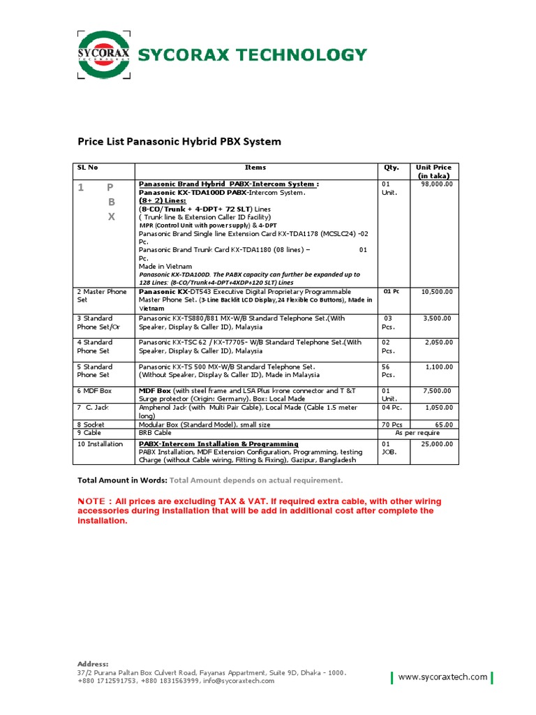 Price List Panasonic Hybrid PBX System | PDF | Computer Hardware ...