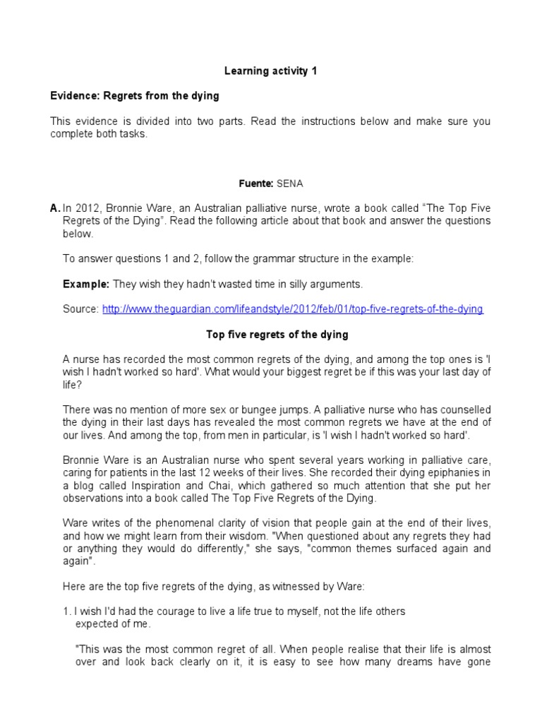 Learning Activity 1 Evidence: Regrets From The Dying: Fuente: SENA ...