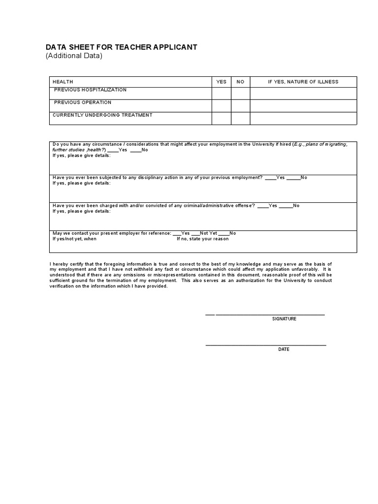 Data Sheet For Teacher Applicant Additional Info | PDF
