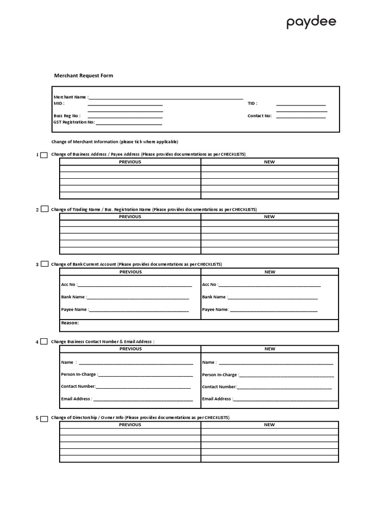 MERCHANT REQUEST FORM - Paydee SDN BHD | PDF | Cheque | Business Law