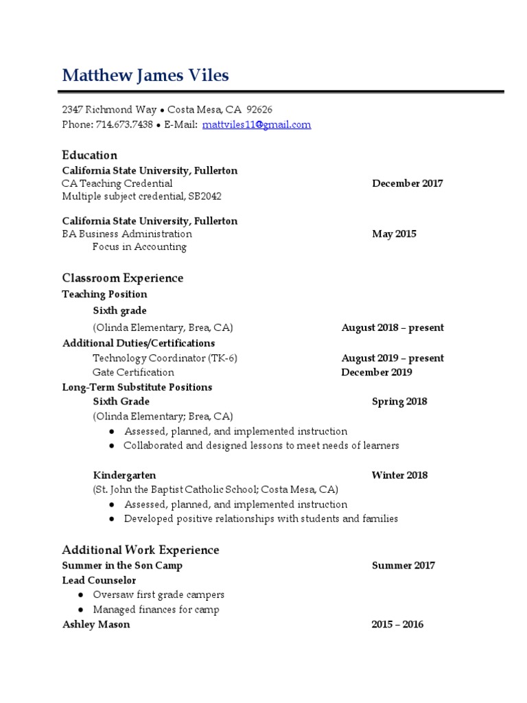 Resume Matthew Viles July 2020 | PDF | Learning | Behavior Modification