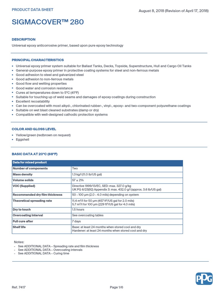 Sigmacover 280 (Primer) For HDG Surface | PDF | Epoxy | Paint