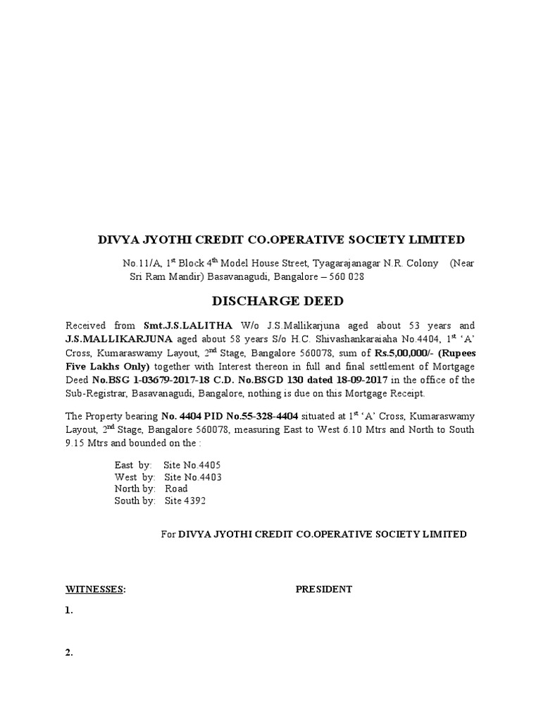 Discharge Deed: Divya Jyothi Credit Co - Operative Society Limited | PDF