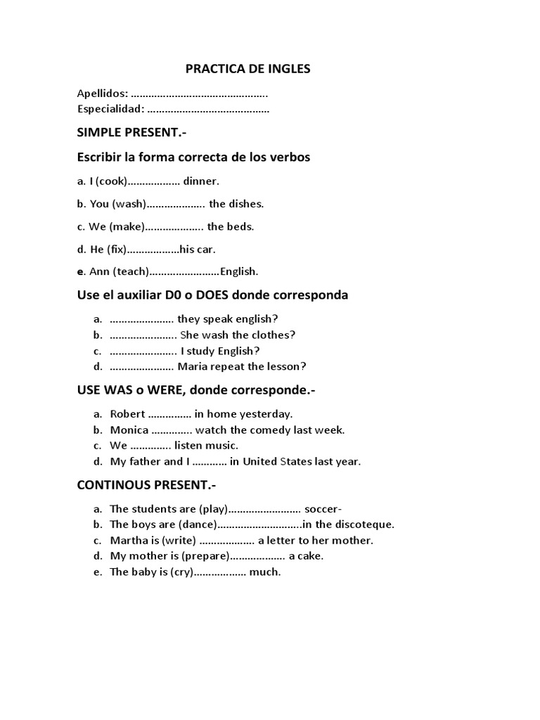 Simple Present.-Escribir La Forma Correcta de Los Verbos | PDF