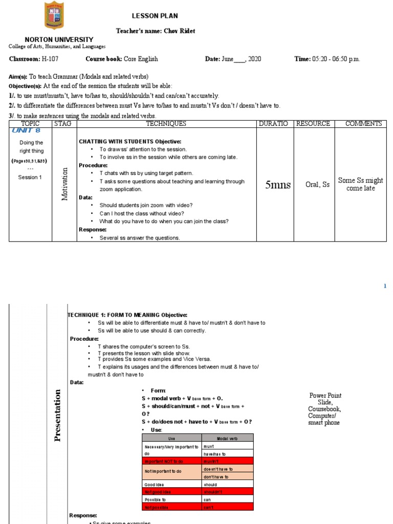 Grammar Modals Lesson Plan | PDF | Verb | Question