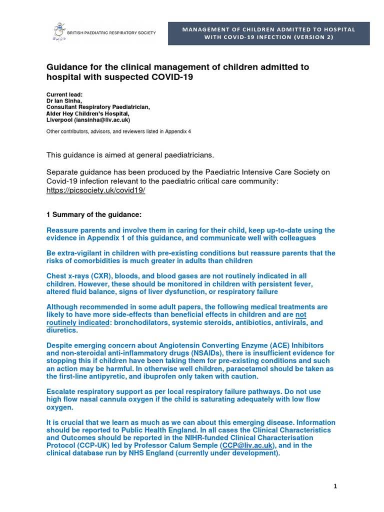 Bprs Management of Children Admitted To Hospital With Covid19 ...