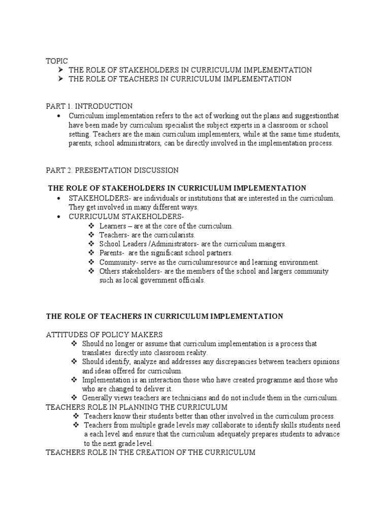 Stakeholder Roles in Curriculum Implementation | PDF | Curriculum ...