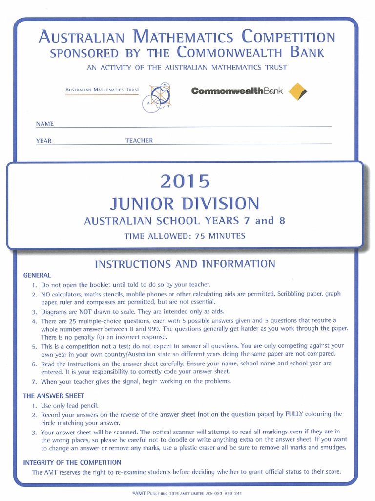 2015 AMT Mathematics Competition Years 7 and 8 | PDF