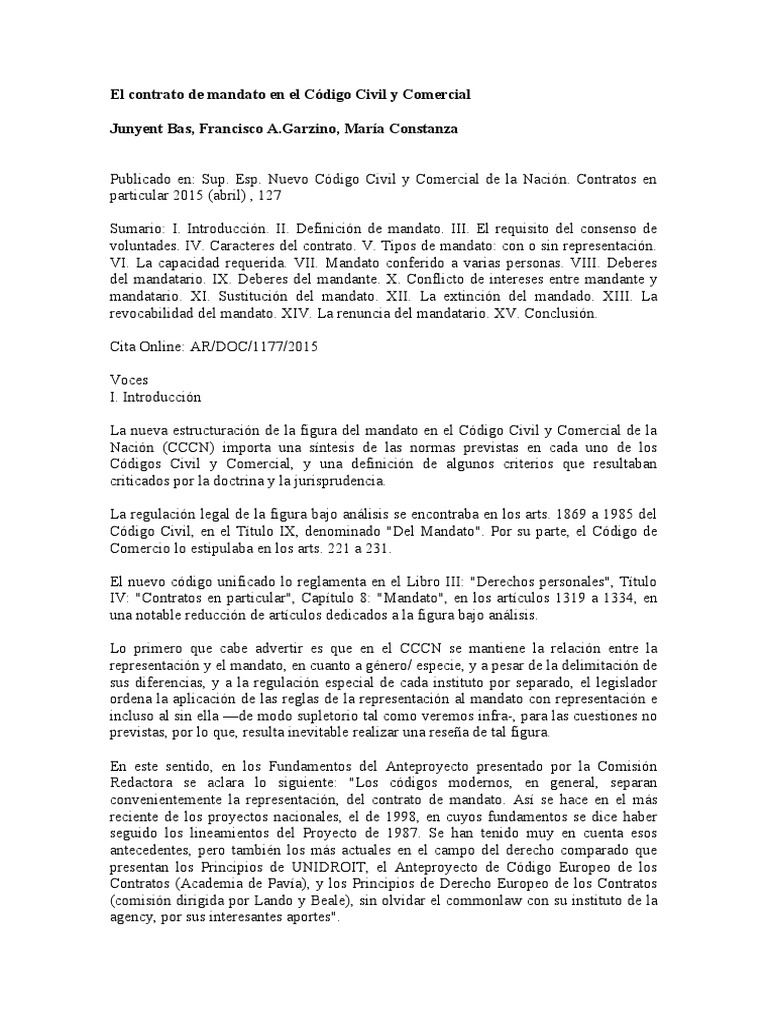 El Contrato de Mandato en El Código Civil y Comercial-JunyentBas ...
