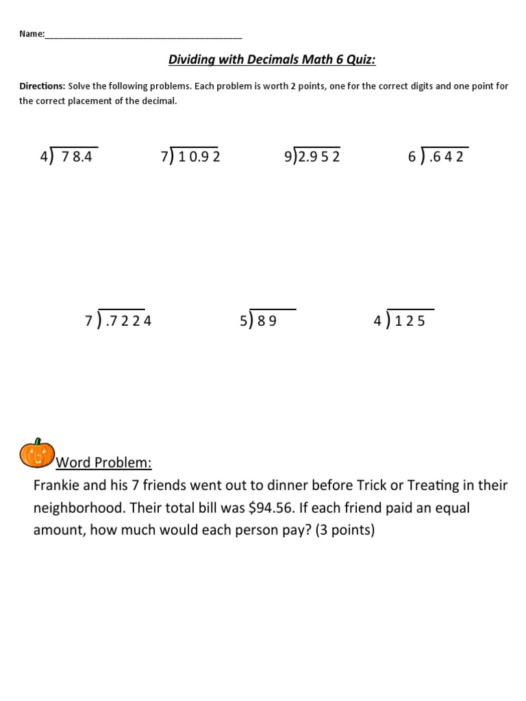 Dividing Decimals Quiz for Grade 6 | PDF