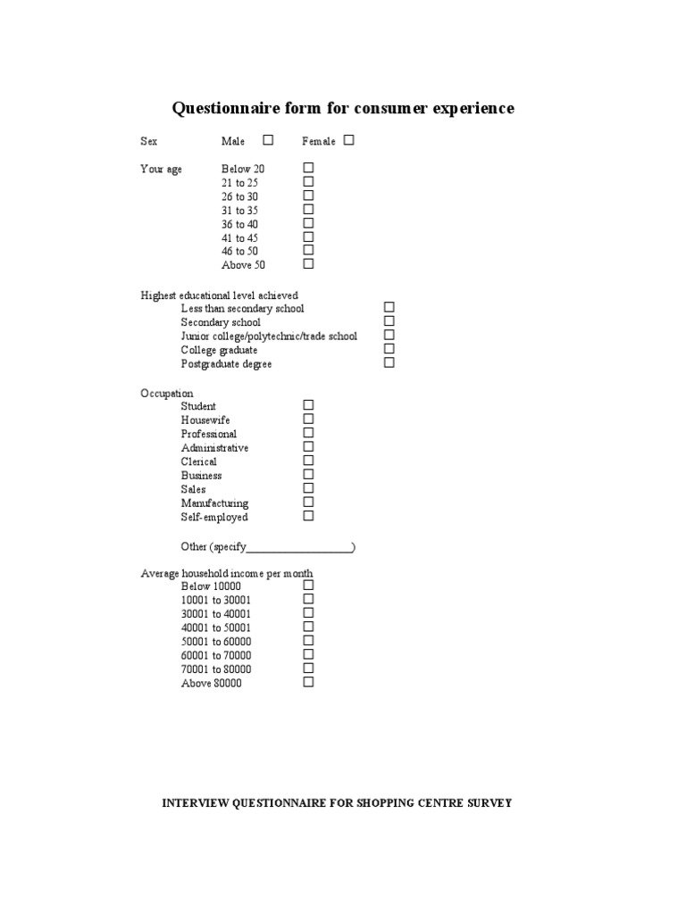 Questionnaire Form For Consumer Experience | PDF | Shopping Mall | Retail