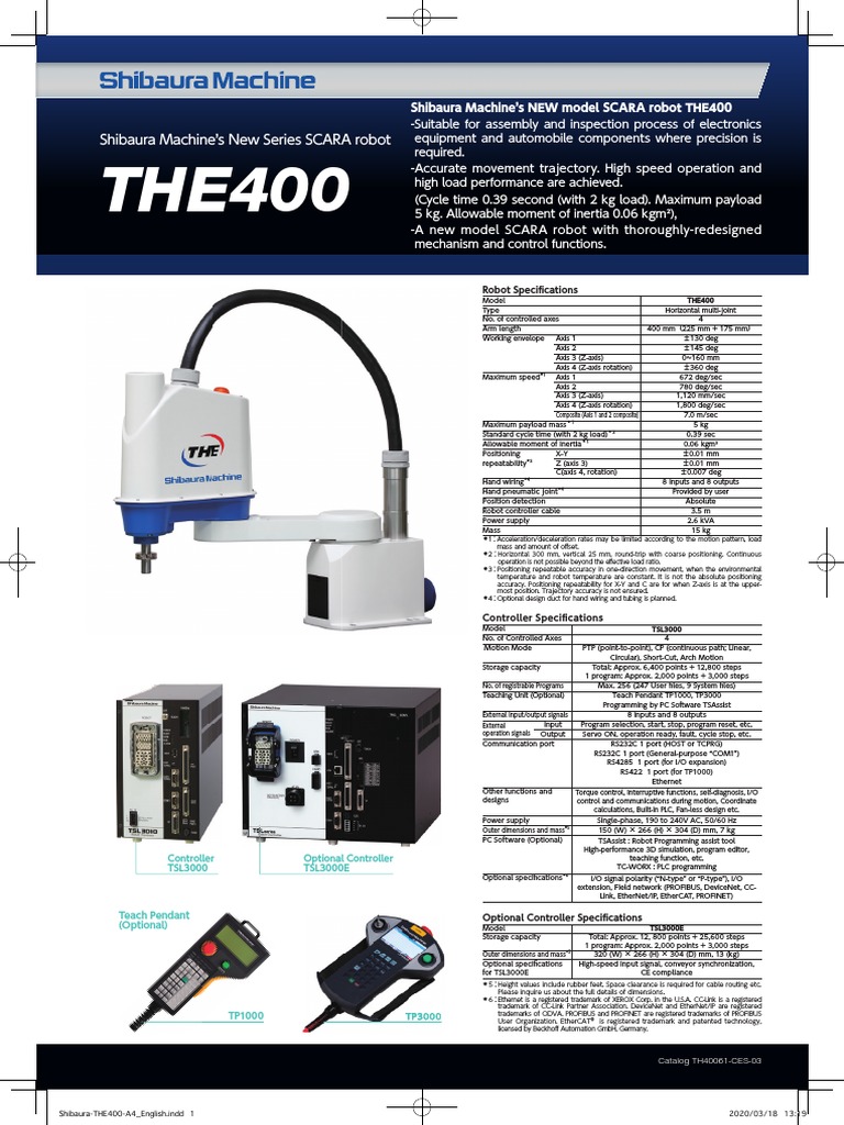 Shibaura Machine S NEW Model SCARA Robot THE400 | PDF | Machines | Robot