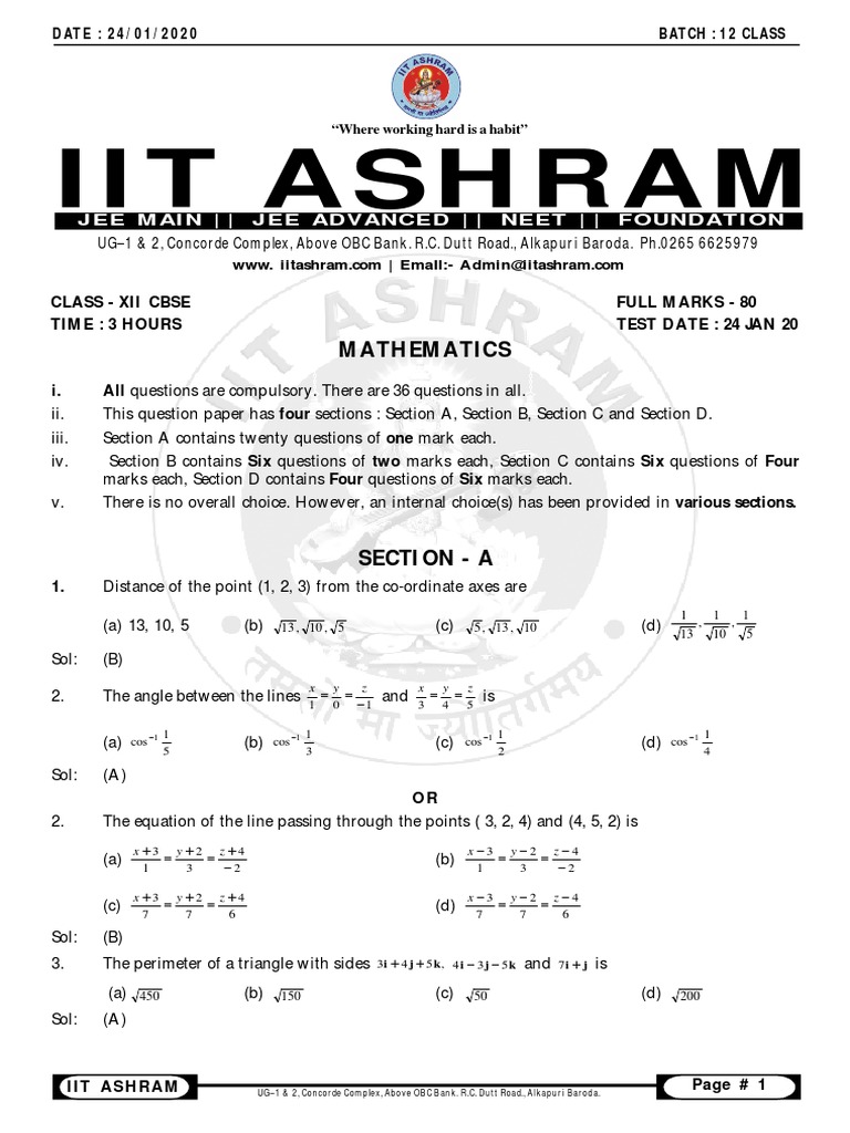 Class 12 Mathematics Test Paper - Jan 2020 | PDF | Ordinary ...