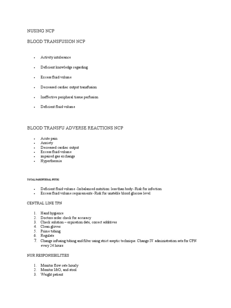 Nusing NCP Blood Transfusion NCP: Total Parenteral Nutri | PDF