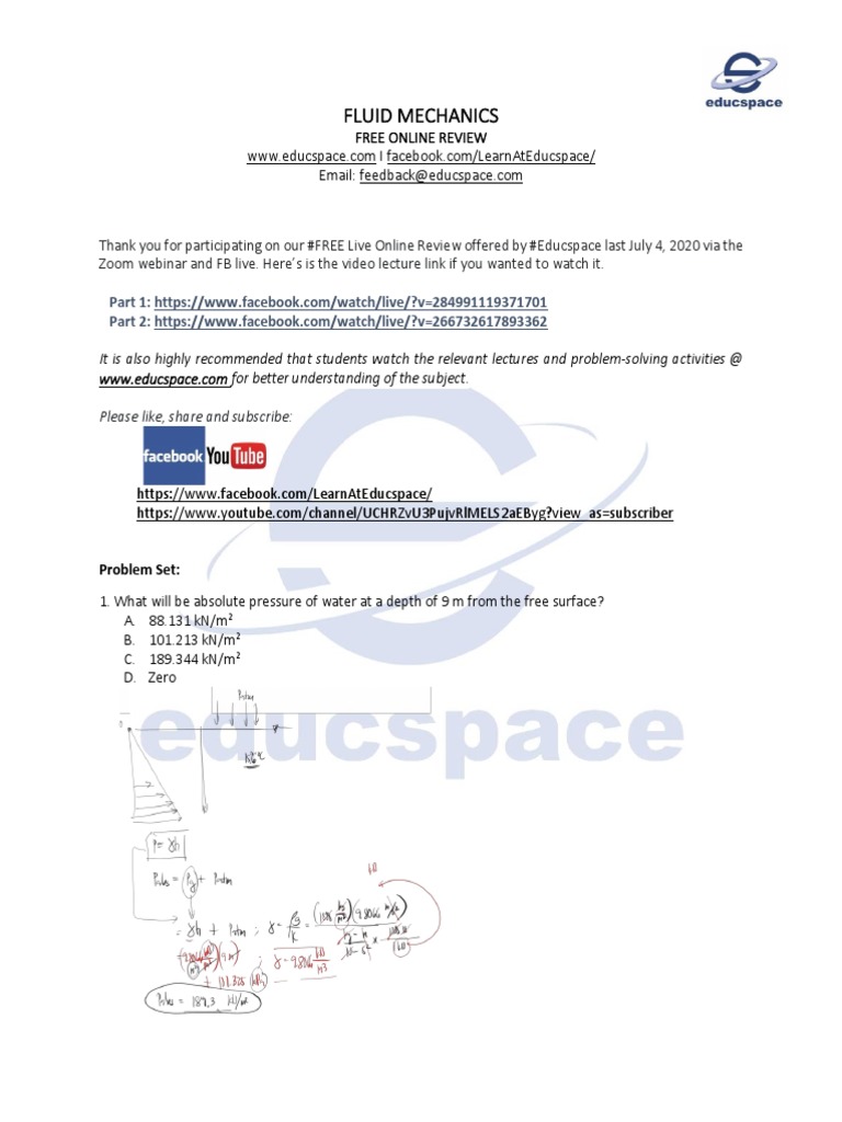 Fluid Mechanics - Problems - Solutions July 4 - Educspace | PDF | Pressure Measurement | Pressure