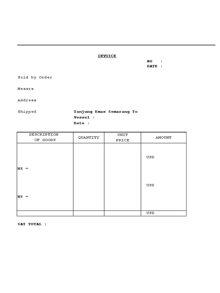 Invoice No: Date:: Sold by Order Messrs Address Shipped Tanjung Emas ...