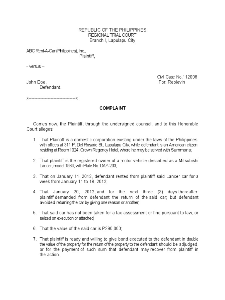 Complaint For Replevin | PDF | Plaintiff | Complaint