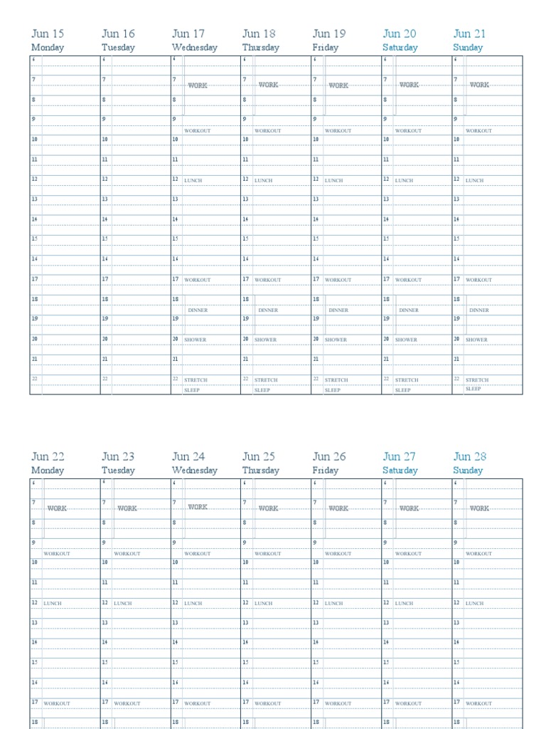 Weekly Schedule Tracking Chart Detailing Daily Activities from 6am to ...