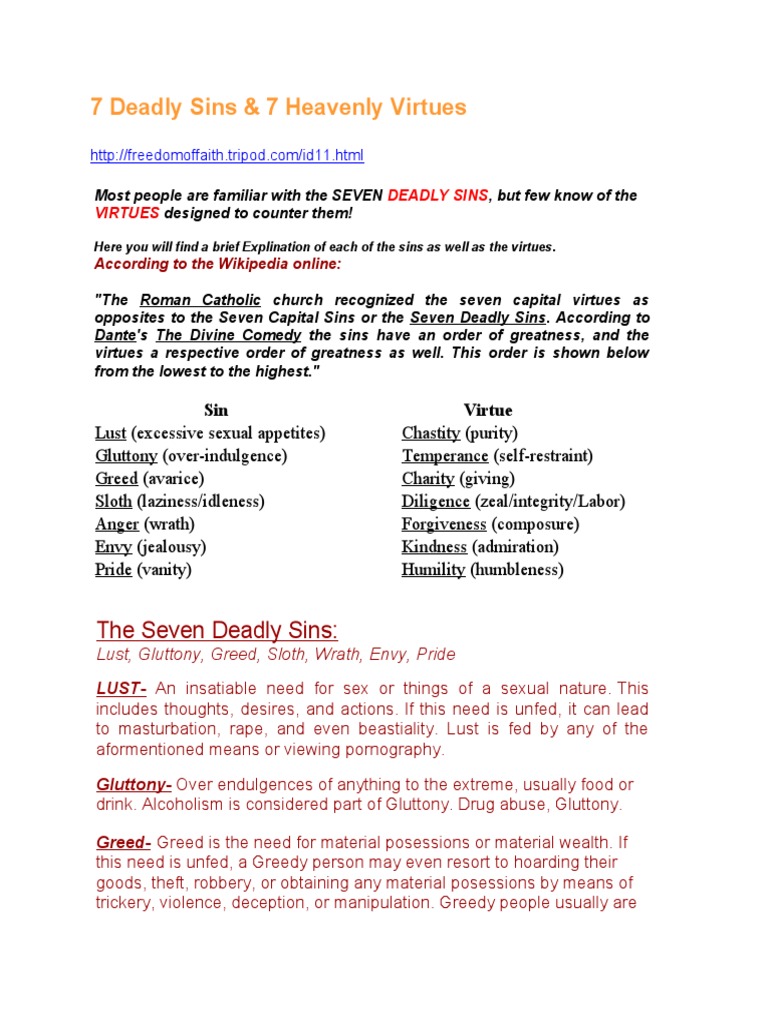7 Deadly Sins & 7 Heavenly Virtues | PDF