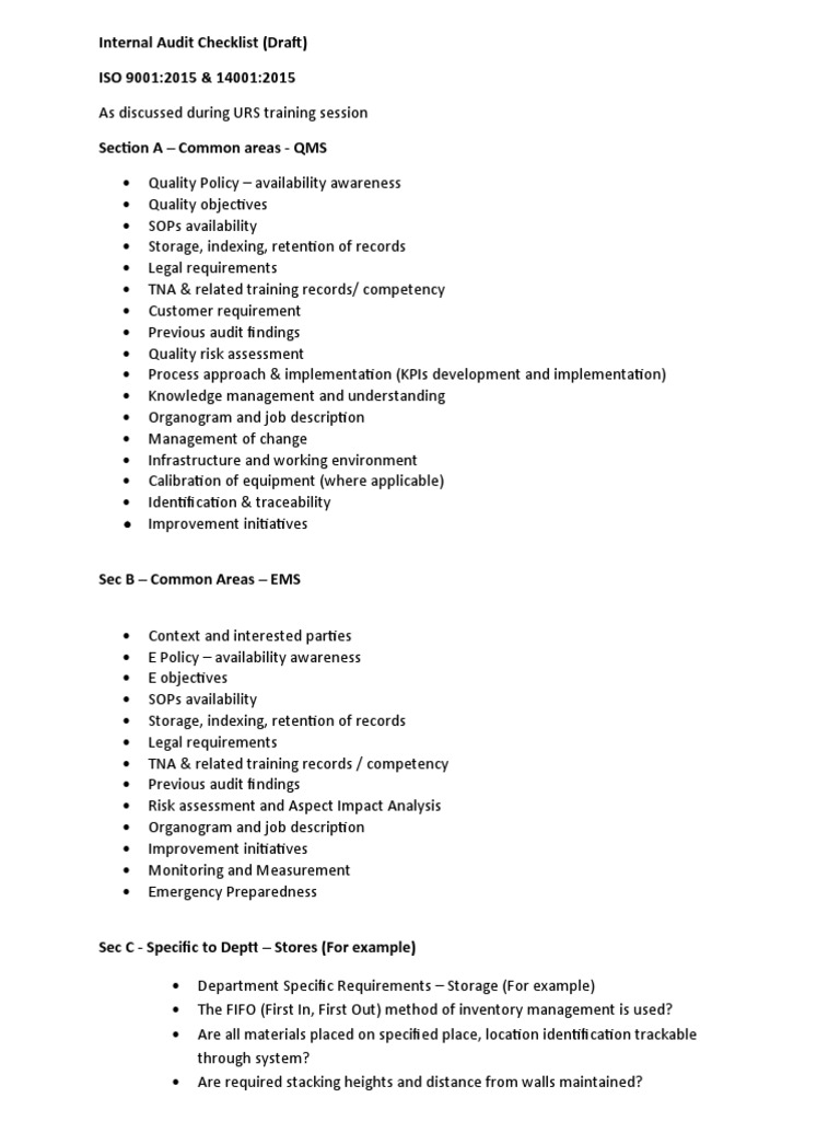 Iso Audit Checklist For Training Department Objectives