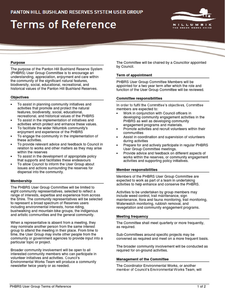 Purpose: PHBRS User Group Terms of Reference 1 of 2 | PDF | Committee ...