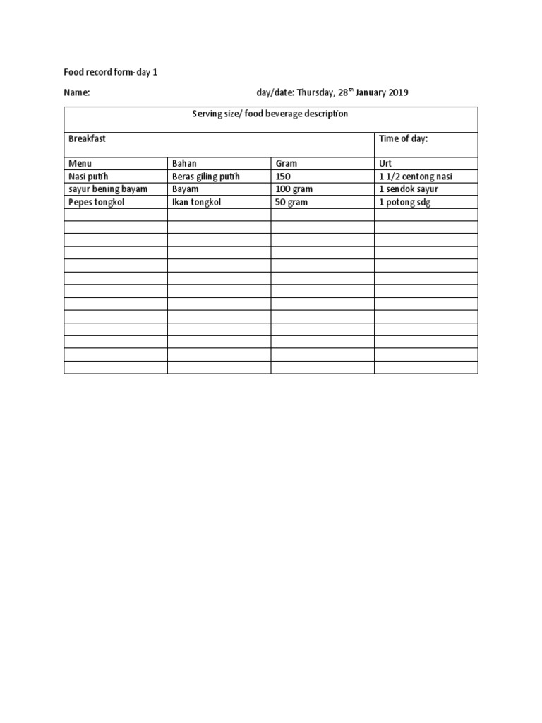 Food Record Form | PDF