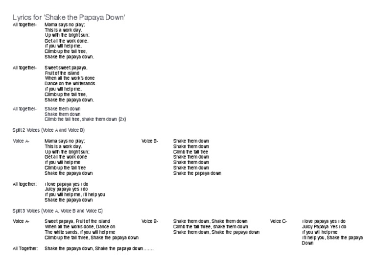 Lyrics For 'Shake The Papaya Down' | PDF