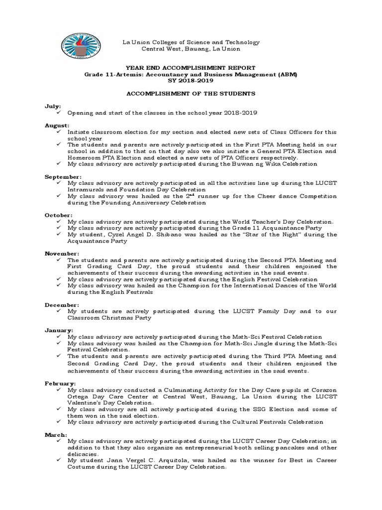 Year End Accomplishment Report Grade 11-Artemis: Accountancy and ...