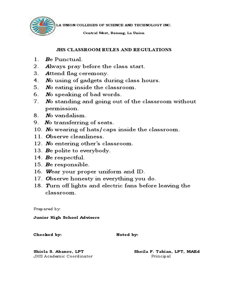 Jhs Classroom Rules and Regulations: La Union Colleges of Science and ...