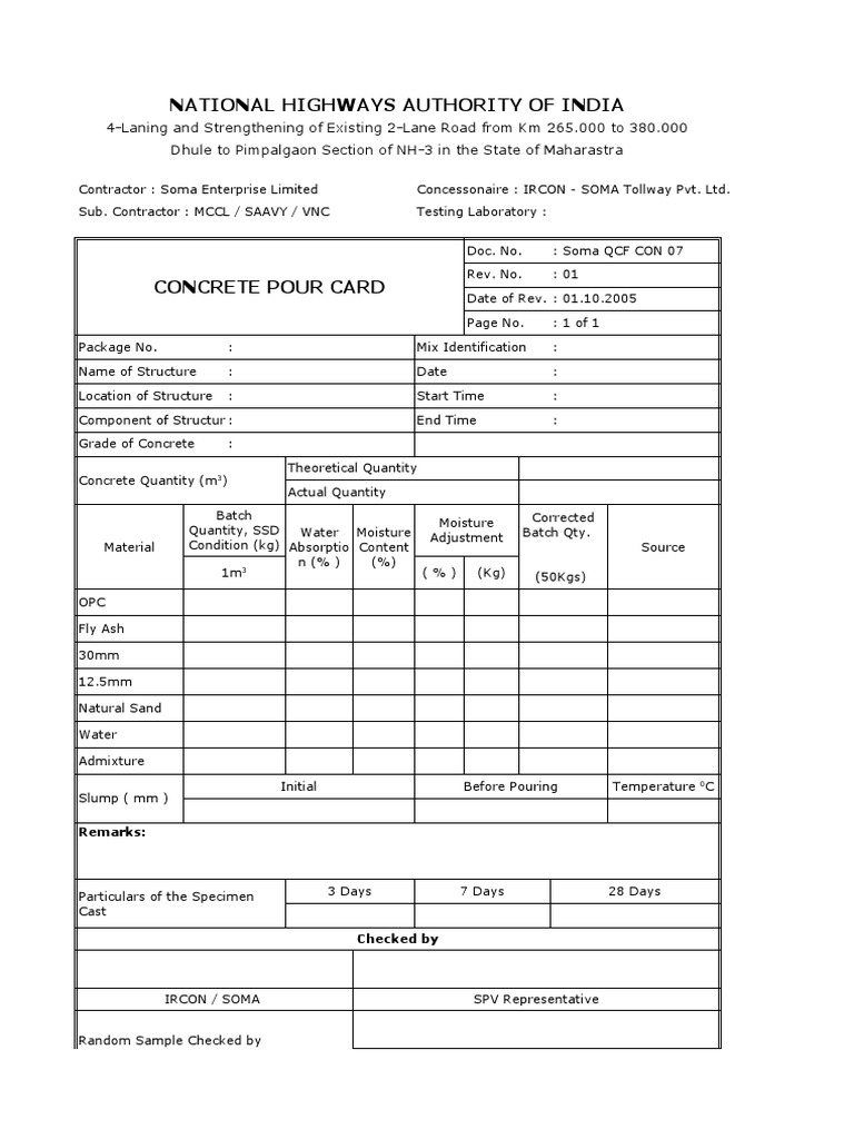 07 Concrete Pour Card | PDF