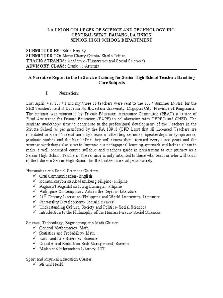 Narrative Report Inset Summer 2017 | PDF | Facilitator | Teachers