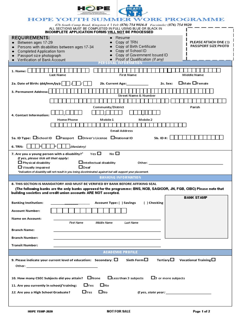 HOPE Youth Summer Work Application Form | PDF | Business