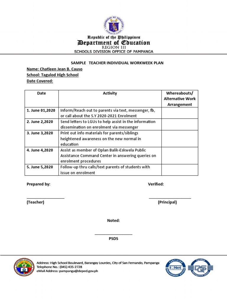 Sample Teacher Individual Workweek Plan Accomplishment Sy 2020 2021 | PDF | Online And Offline ...